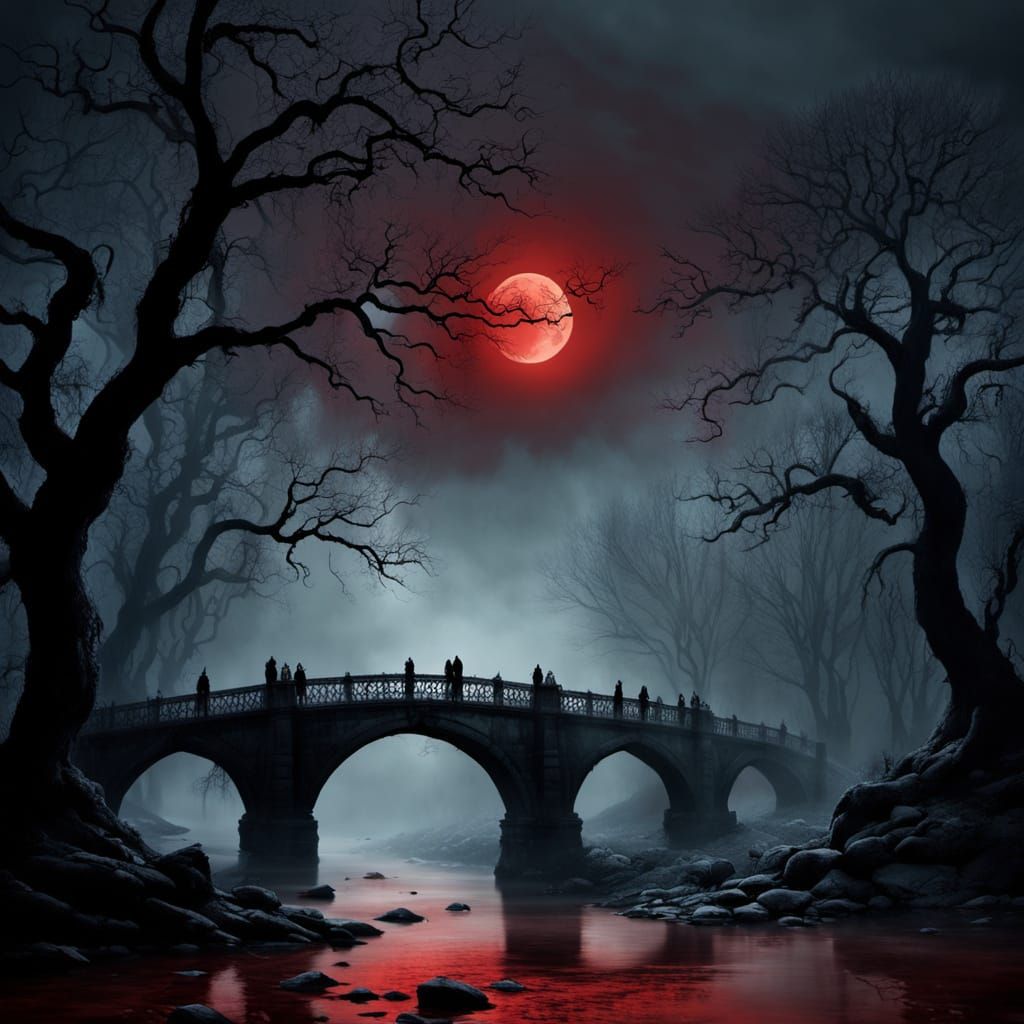 Gothic stone bridge over a blood-red river
