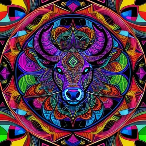 Hyper detailed cubist psychedelic artwork of a buffalo with magnificent ...