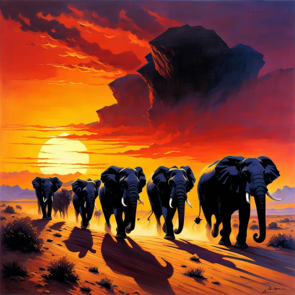 "silhouette of a herd of elephants running across the desert" epic eerie dynamic masterpiece by ...