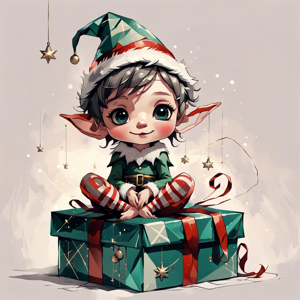 An Adorable happy chibi Christmas elf sitting on a giant wrapped ...