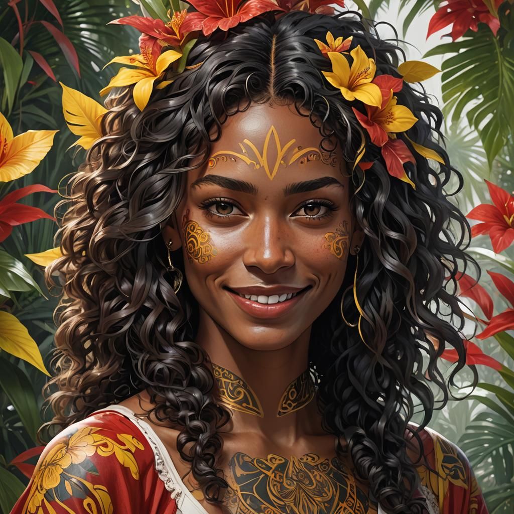 New Zealand Girl, head and shoulders portrait, red, yellow, black and ...