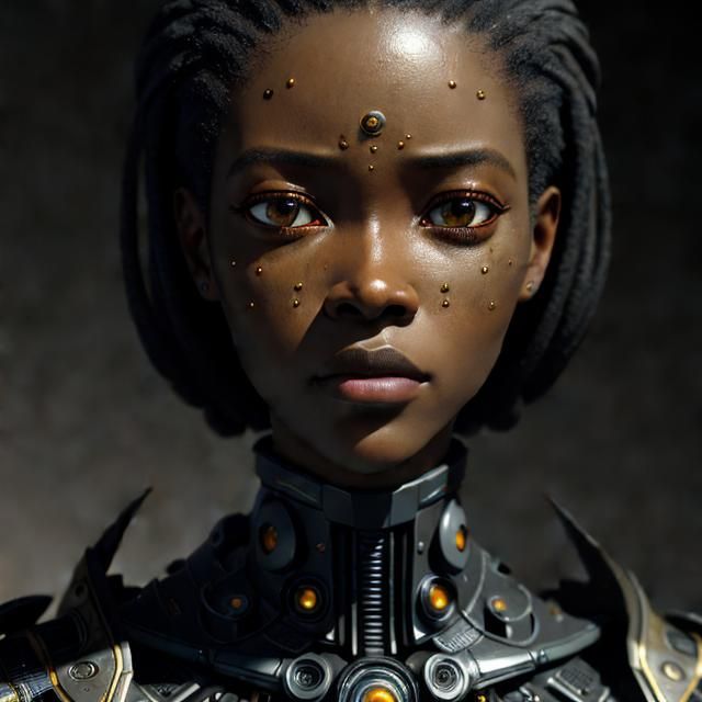 a fine art emotional portrait of african female android, intricate ...