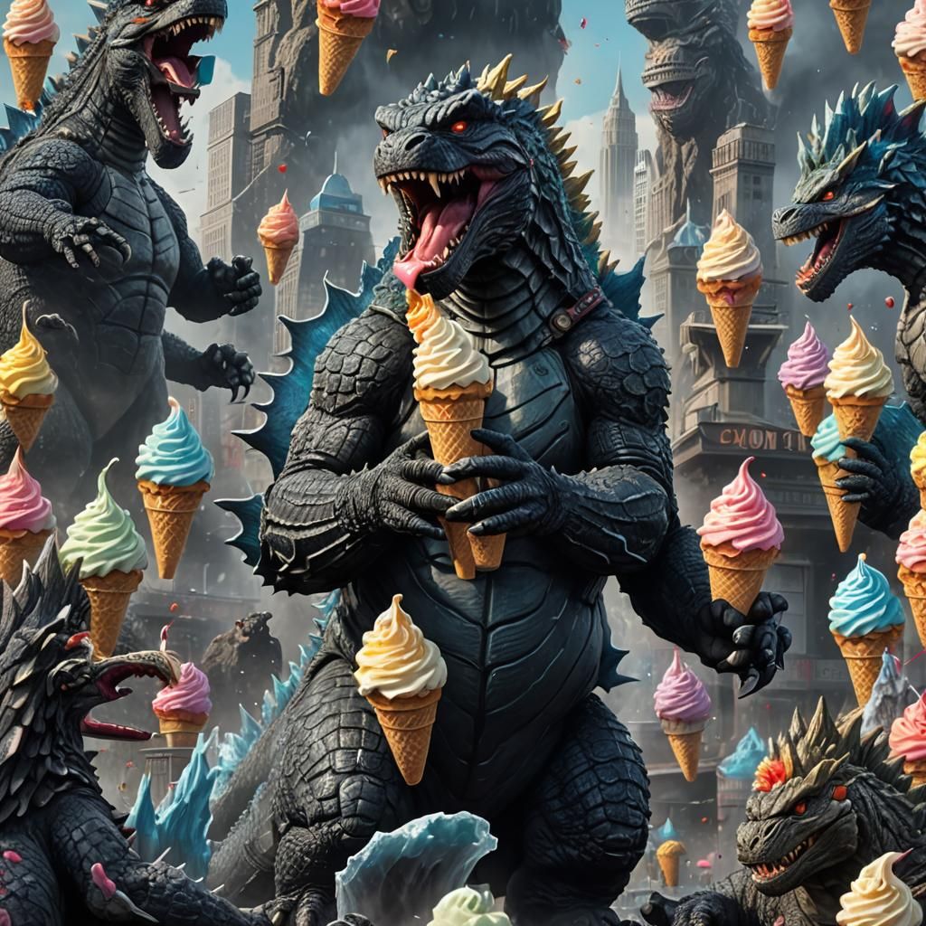 Godzilla with an ice cream cone - Godzilla's Sweet Treat: De...
