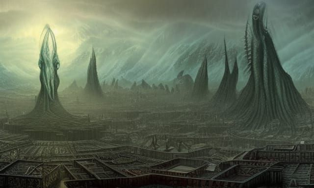 a panorama of an eldritch and elegant alien Lovecraftian city of The ...