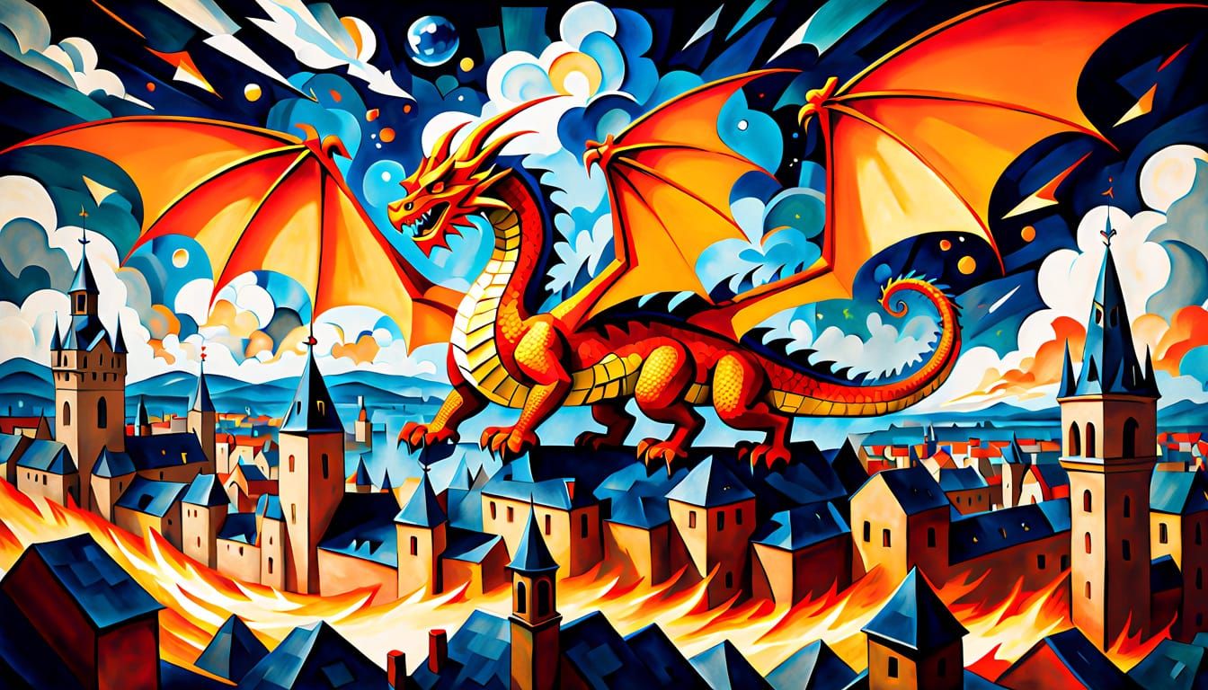 Dragon above a medieval city. - Cubist Dragon Soars Above a ...