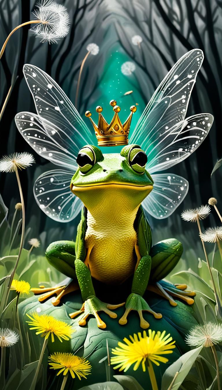A vivid representation of a joyful green crowned frog prince with fairy ...