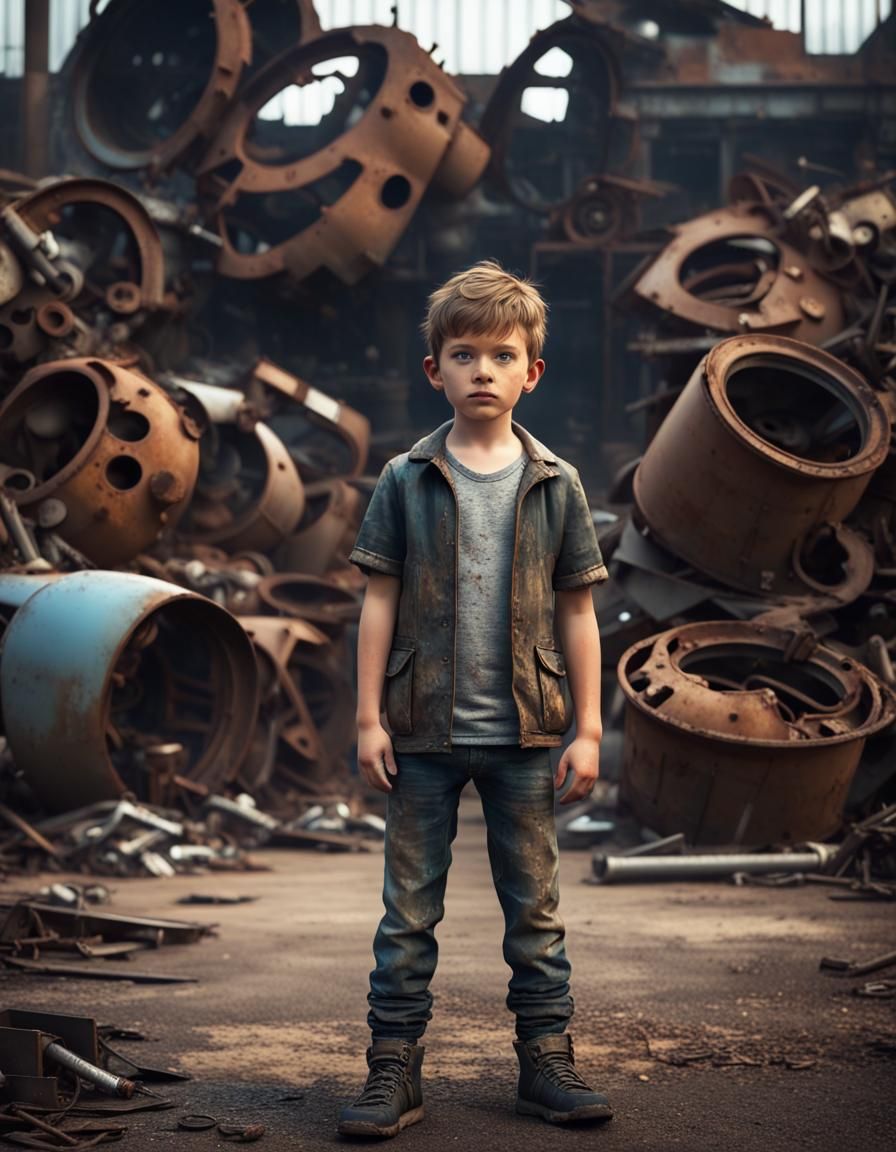 boy standing in a scrapyard - AI Generated Artwork - NightCafe Creator