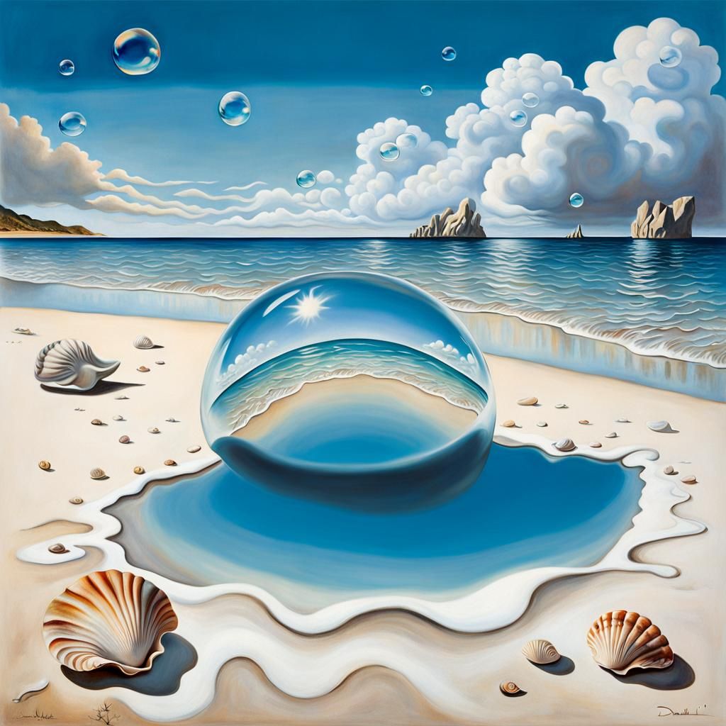 Art by René Magritte, Georgia O'Keeffe, open seashell on sandy beach ...
