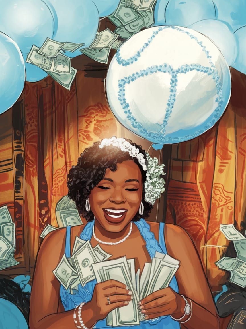 Trini woman at her wedding shower surrounded by blue decorations and ...