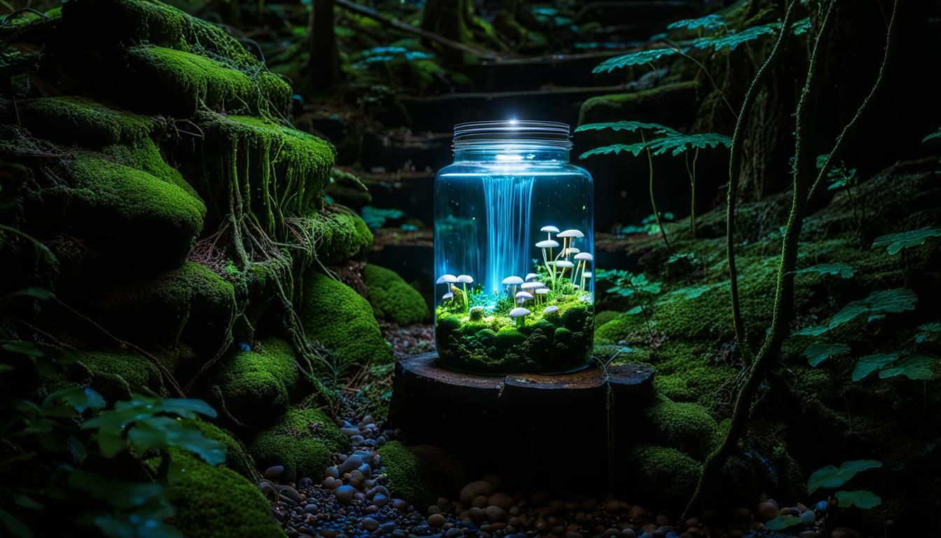 A huge jar containing a waterfall landscape, stairs, congant mosses and ...