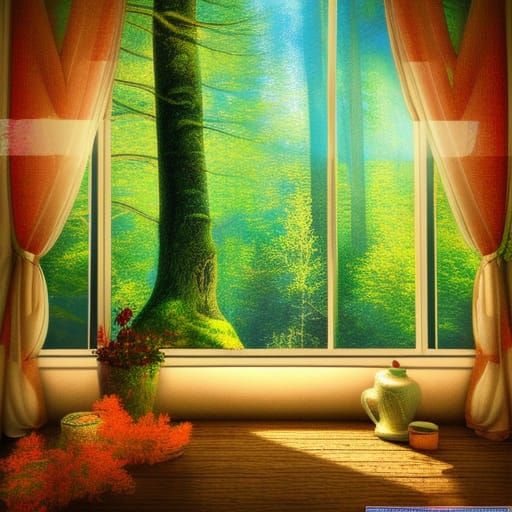 looking out a window of a cottage in the forest romanticism dynamic ...