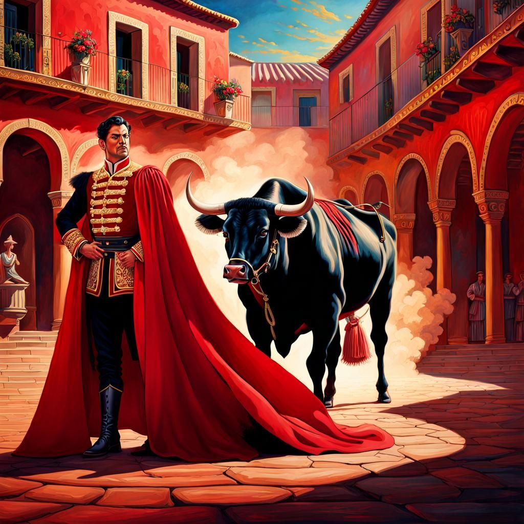 A beautiful scene in Spain with a matador and his bull, red mist, red ...