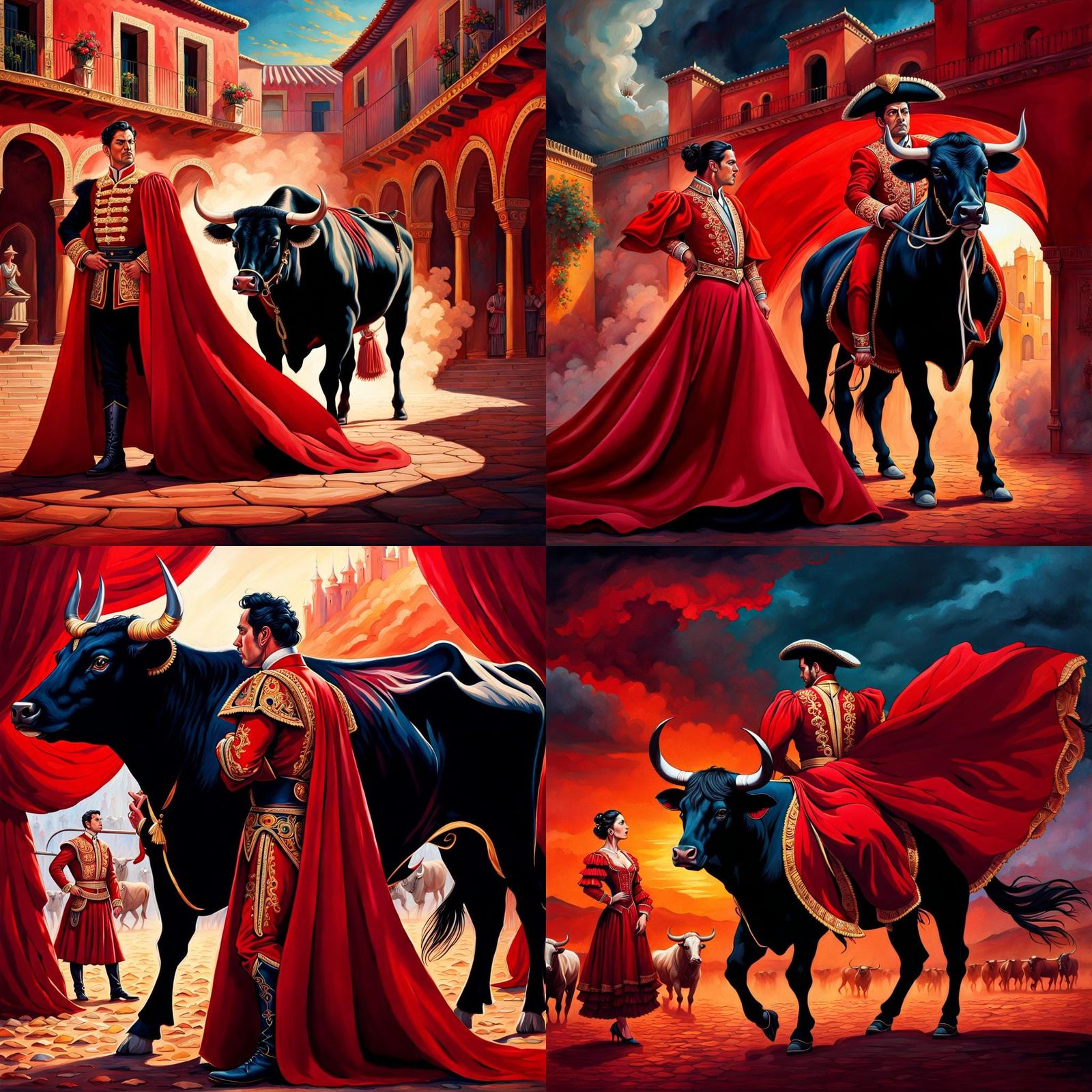 A beautiful scene in Spain with a matador and his bull, red mist, red ...