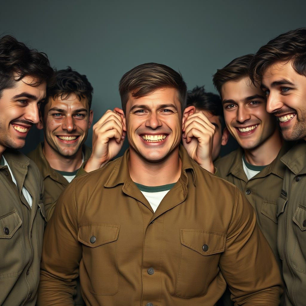 Muscular Soldier Endures Playful Ear Stretching in... - AI Art