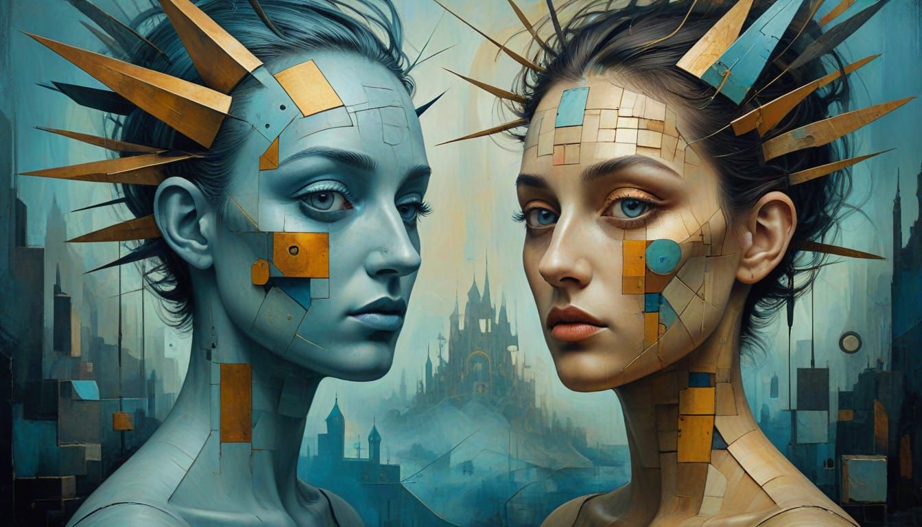 Dystopian Janus Portrait in Cubist Surrealism - AI Art