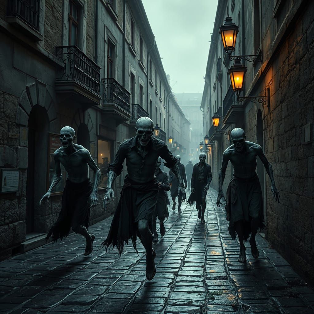 Undead zombies in tattered, 18th century attire, with exposed flesh and ...