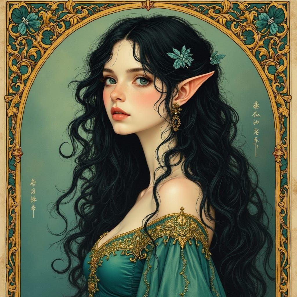 Ethereal Elven Princess in Emerald Silk Gown - AI Art