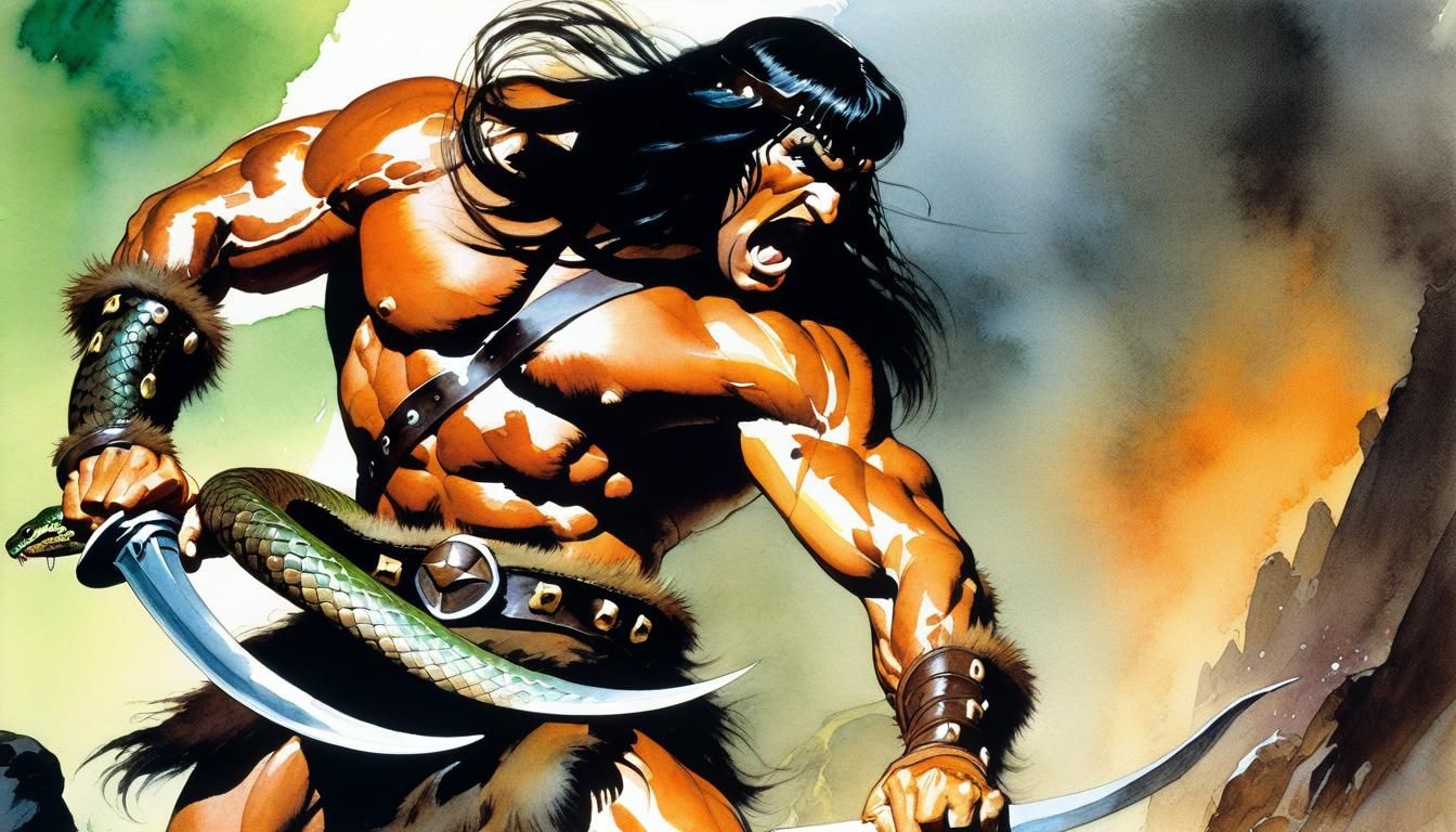 Conan the barbarian fighting a eldritch snake watercolor wet brush wet ...