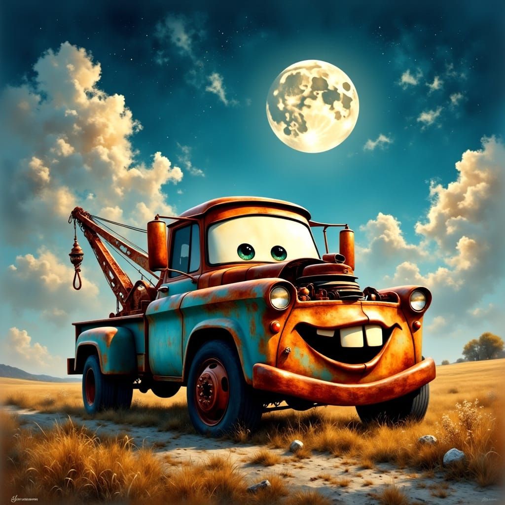 Matter - Rusty Tow Truck Under Ethereal Moonlight