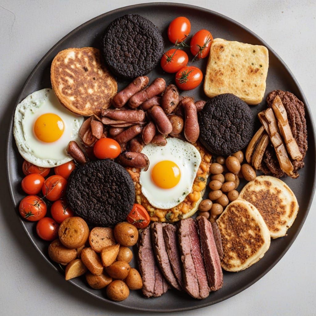 Bacon, link sausages, Lorne sausage, black pudding, haggis, Baked beans, tattie scones, fried ...