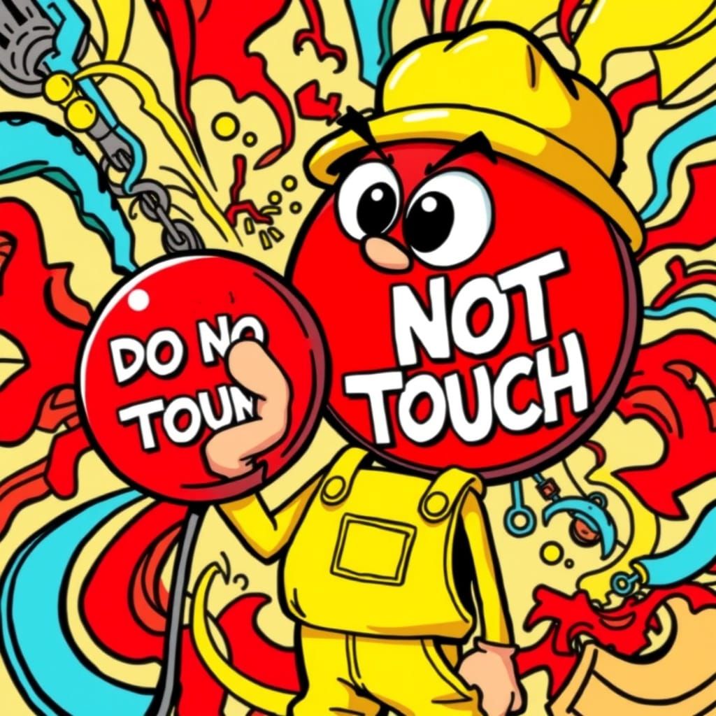 "A cartoon character hesitates before pressing the DO NOT TOUCH button."