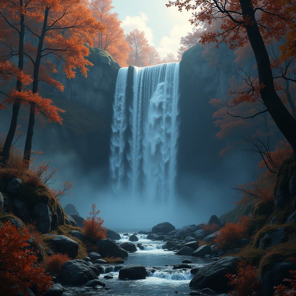 Fantastical Autumn Waterfall Scene in Deep Colors - AI Art