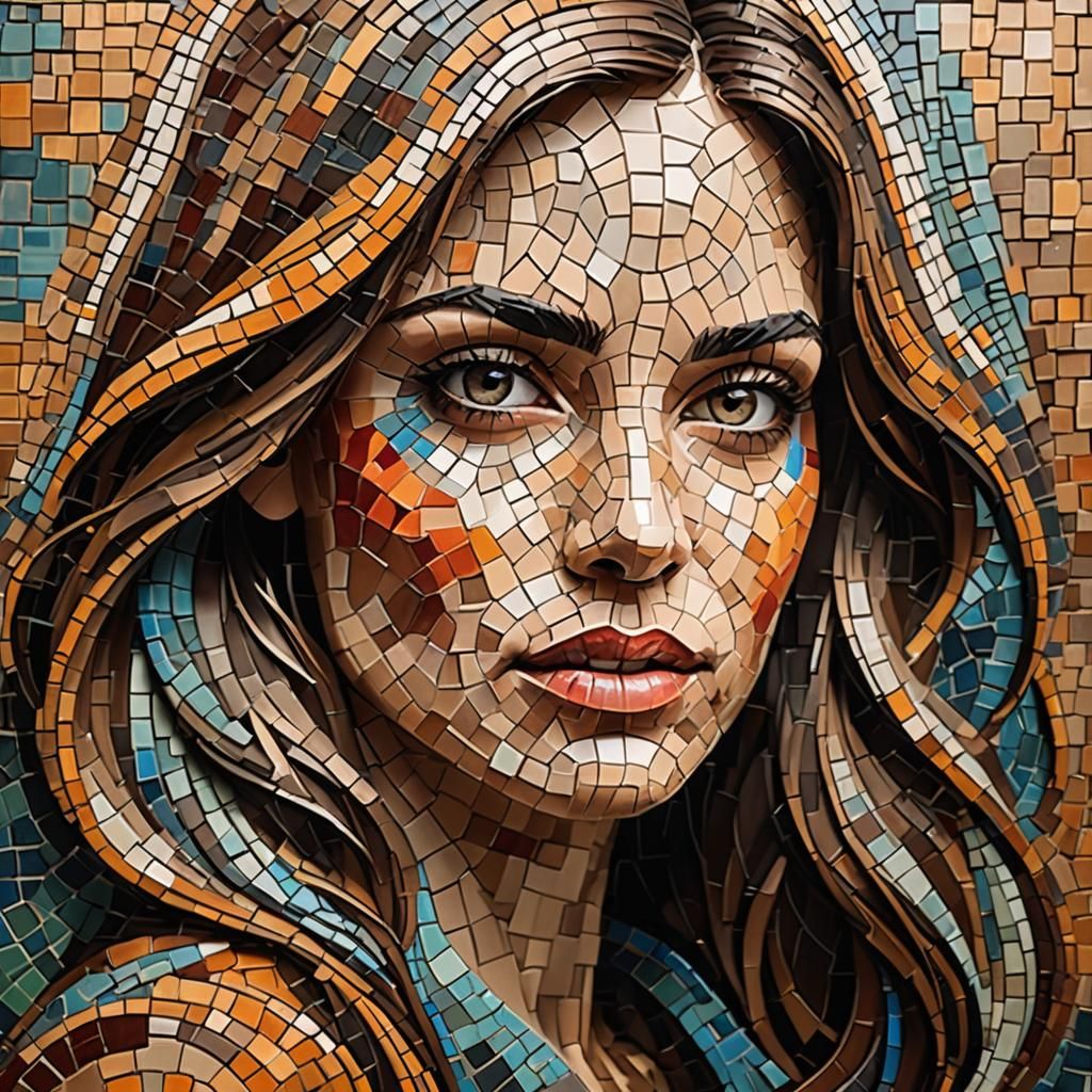 Create a mosaic artwork featuring a woman face close up. The woman's ...