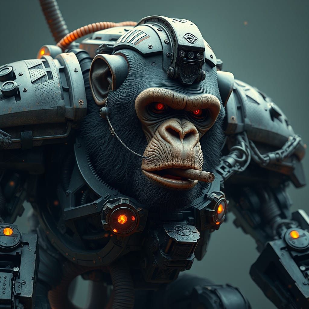 Cyberpunk Warrior Chimp in Futuristic Exoskeleton - AI Art