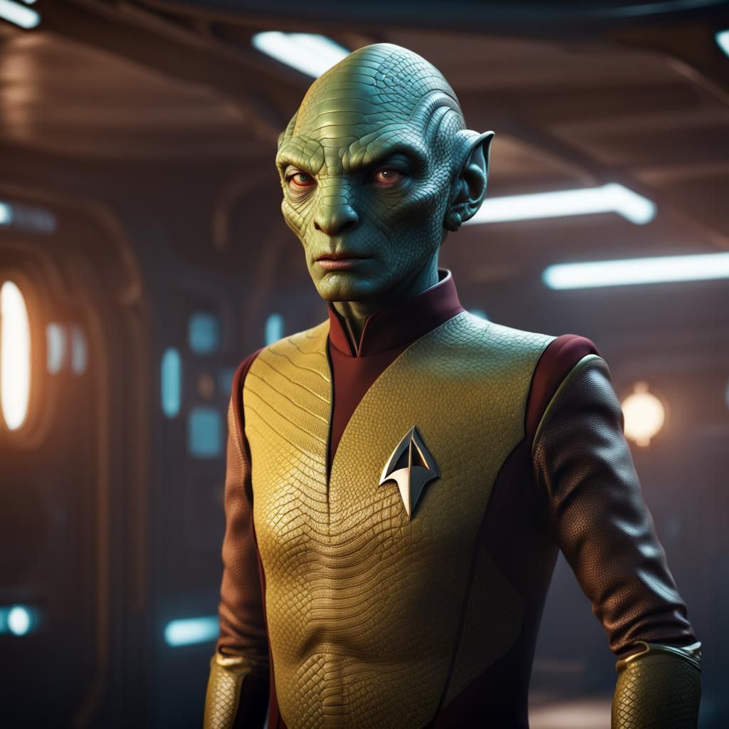A reptilian humanoid with compound eyes in Starfleet Uniform, Star Trek ...