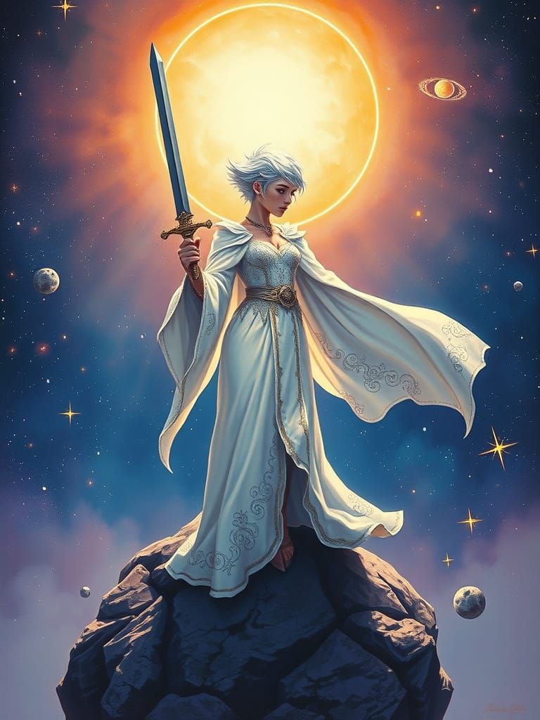 Star Goddess, pixie haircut, 1960s sword & sorcery aesthetic but set in outer space