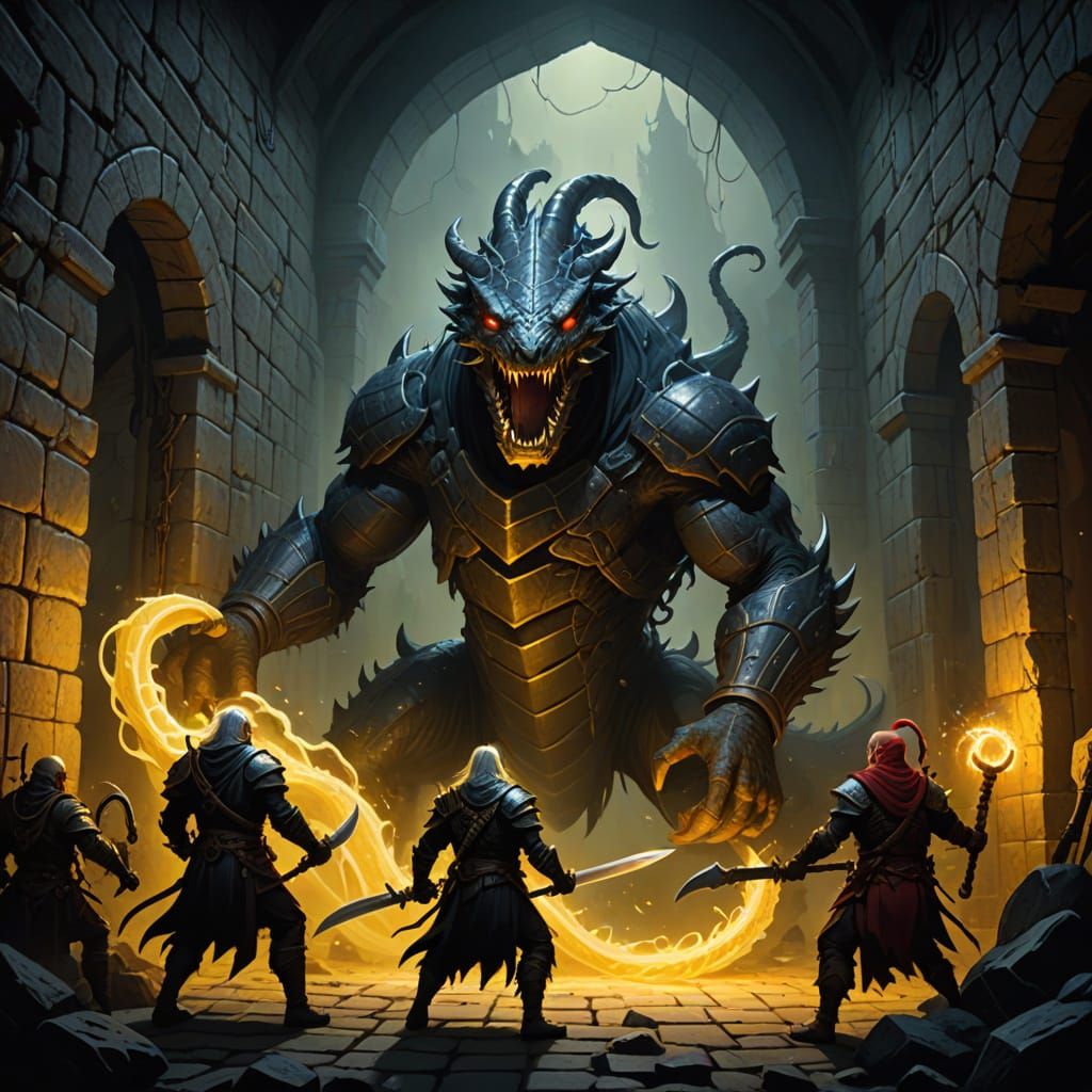 Drow Warriors Battle Giant Worm in Dungeon - AI Art