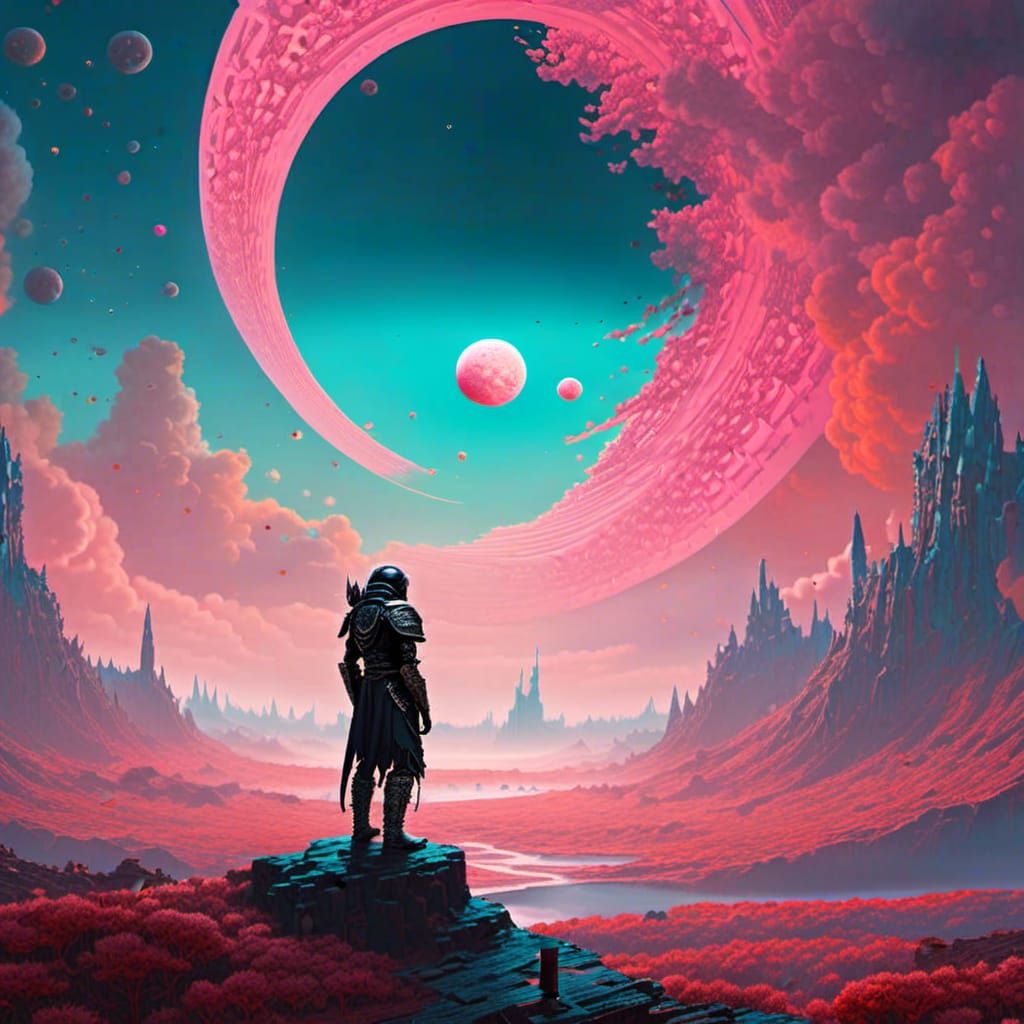 a man standing in front of a giant moon, by Beeple, fantasy art ...