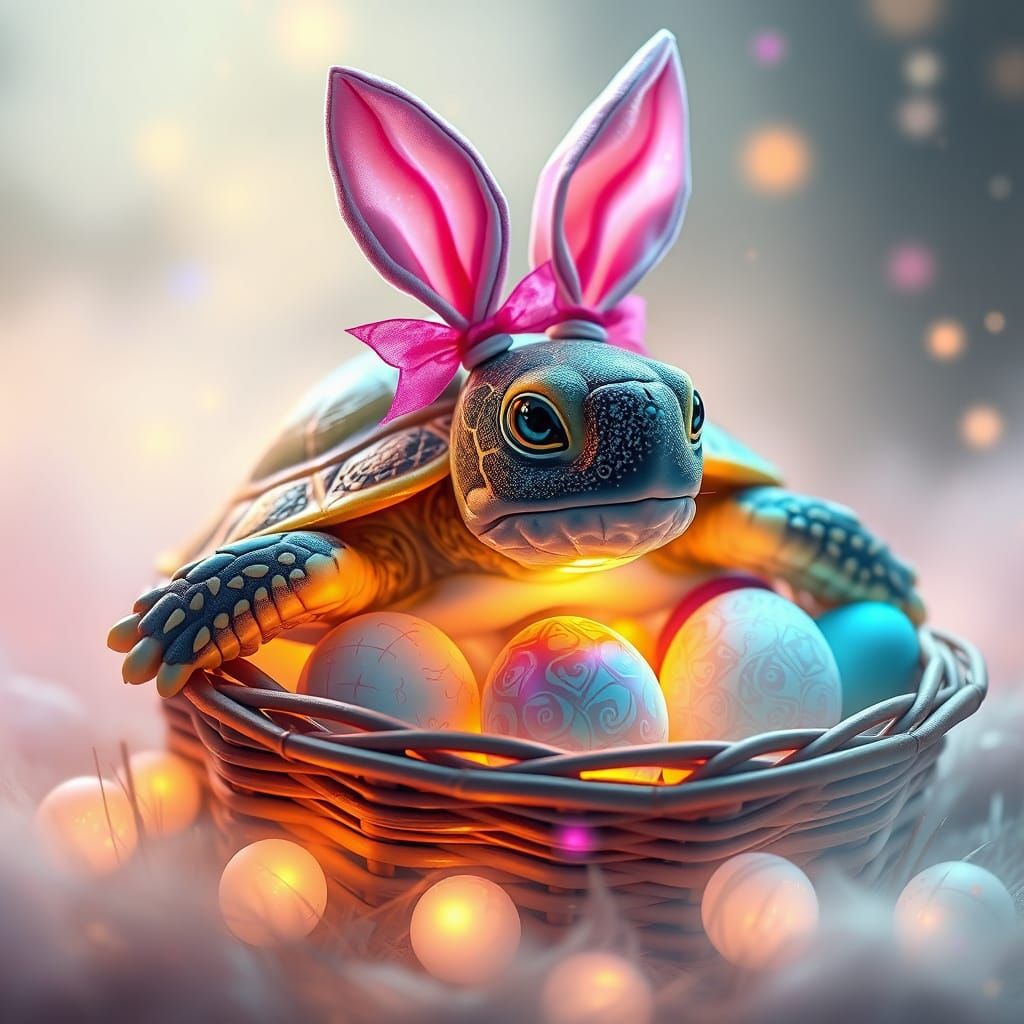 A Easter themed turtle with Easter Bunny ears on the head and Easter ...