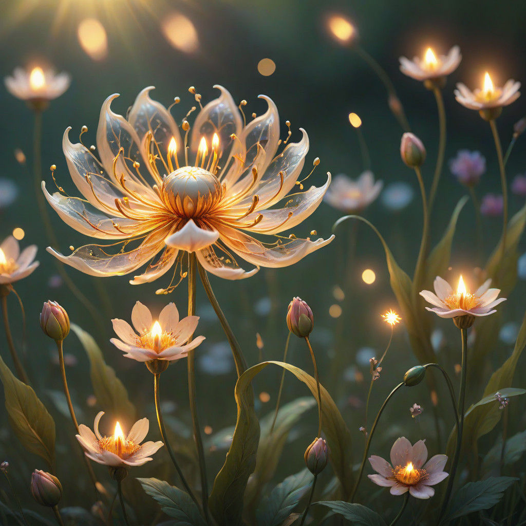 Whimsical Fire Elemental Flower in a Lush Meadow - AI Art
