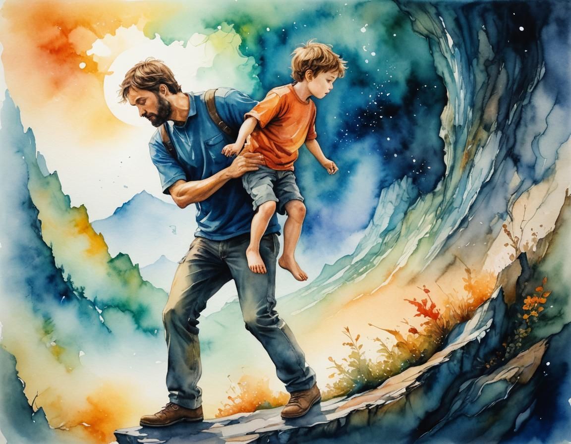 father protecting his child from falling into the abyss. - AI Generated ...