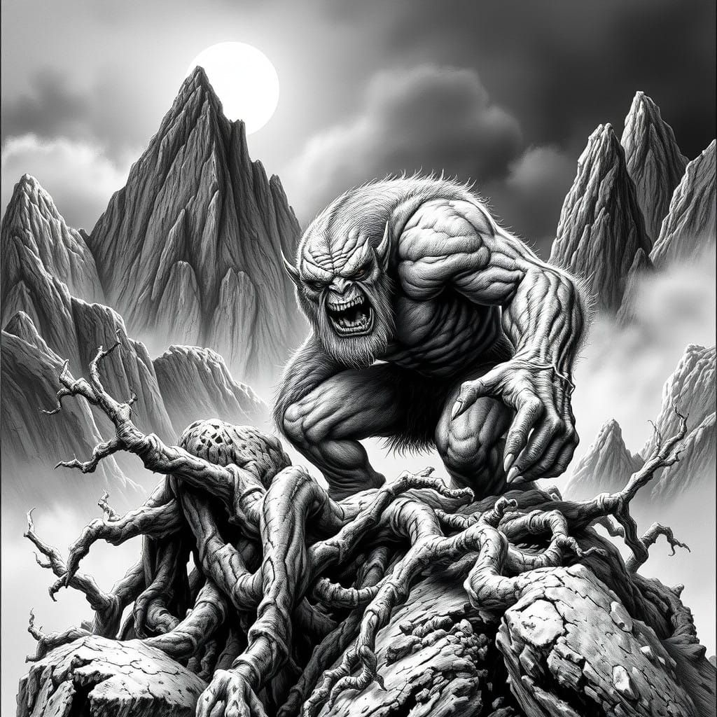 Ancient Mountain Troll in a Misty, Moonlit Landsca... - AI Art