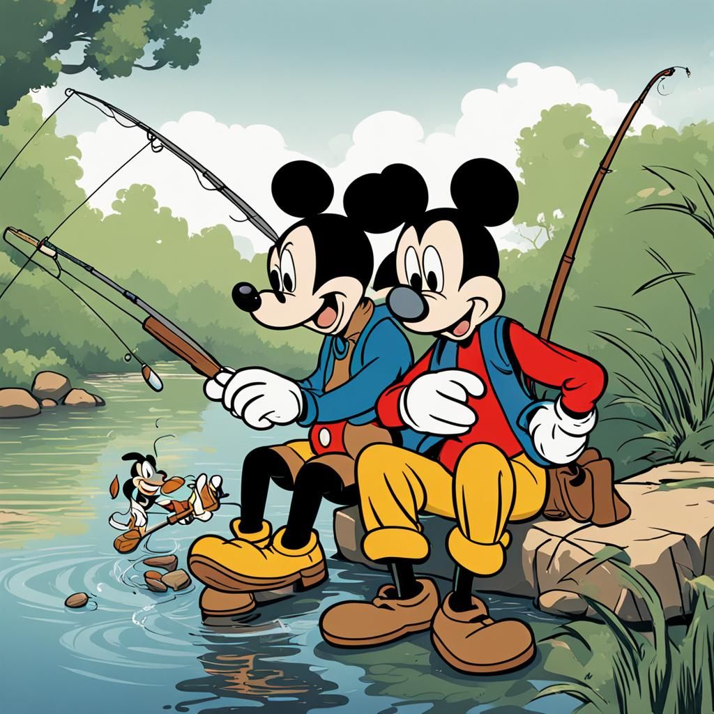 Micky Mouse Sitting on a riverbank fishing with goofy by his side. - AI ...
