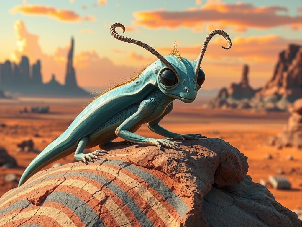 A whole-body long alien monster creature, enormous alien eyes, very ...