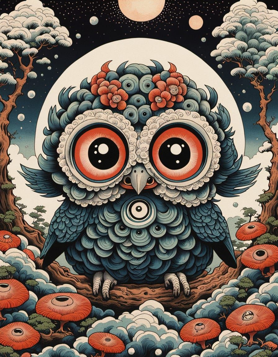 Chibi Doves - Surreal Chibi Doves in Psychedelic Woodcut Sty...