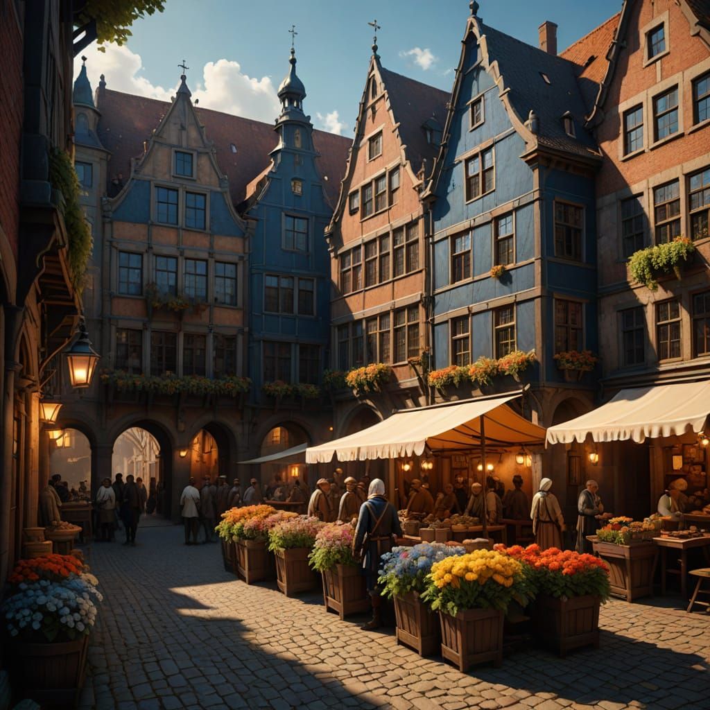 Bustling 17th Century Dutch Market Square in Warm ... - AI Art
