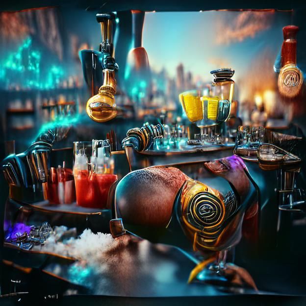 Cyborg bartender detailed matte painting, deep color, fantastical ...