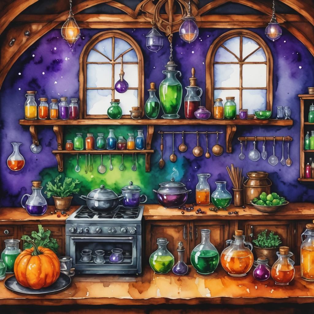 alcohol ink illustration, Witchy kitchen at magical academy, school ...