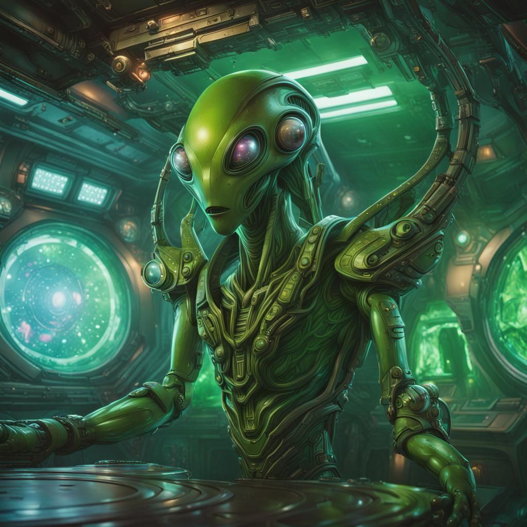 large spaceship interior | many green leathery alien humanoids with ...