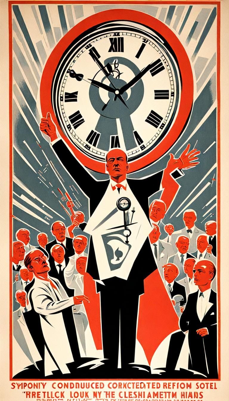 Socialist realism poster a symphony conducted by clock hands