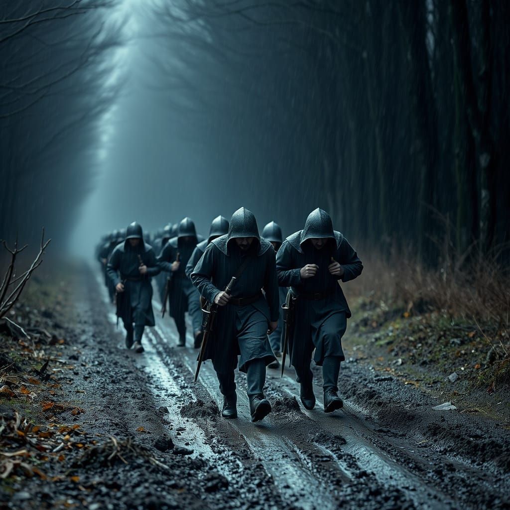 Medieval Soldiers Struggle Through Wintry Wilderne... - AI Art