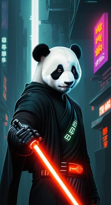 male panda animal jedi holding an orange light saber, scar on his right ...