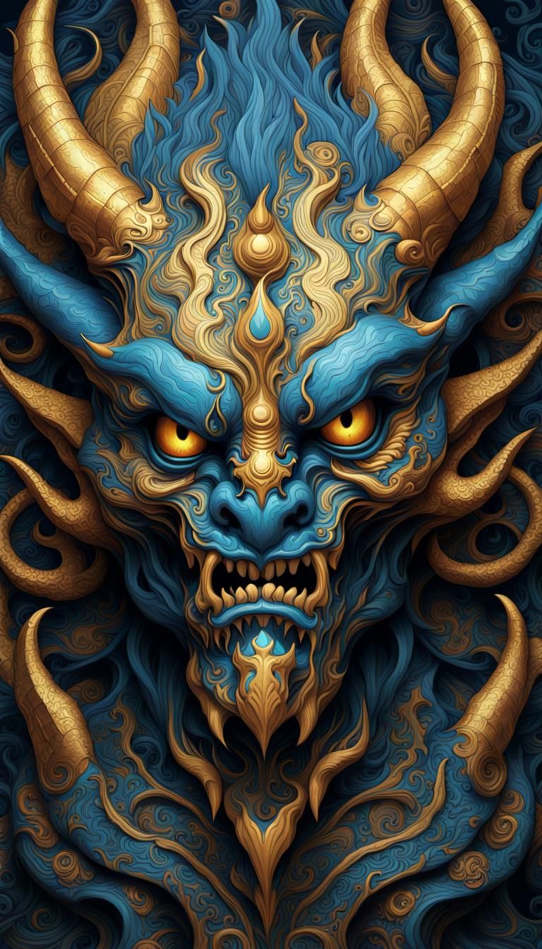 an eerie blue and gold demon head, in the style of psychedelic graphic ...