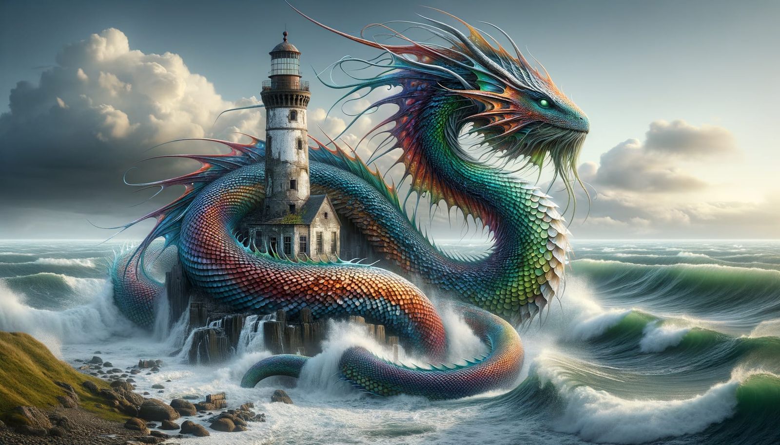 an adorable sea serpent coiled around an old lighthouse in a stormy sea ...