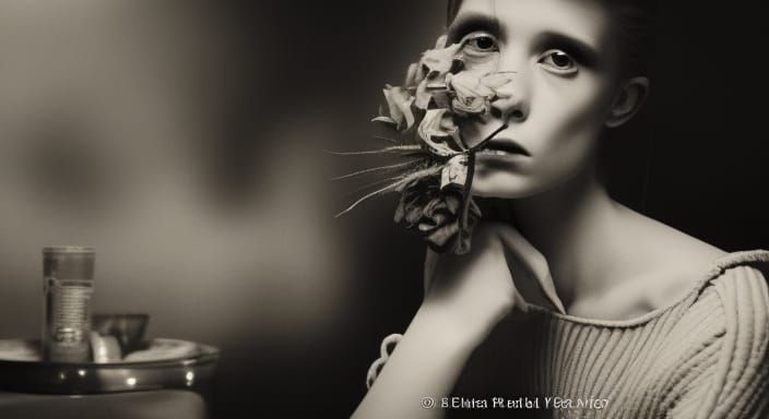 An authentic portrait of a flower lady , sitting and smoking alone at a ...