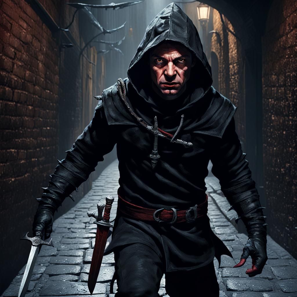 Halfling rouge thief dressed in black with a hood and a dagger in each ...
